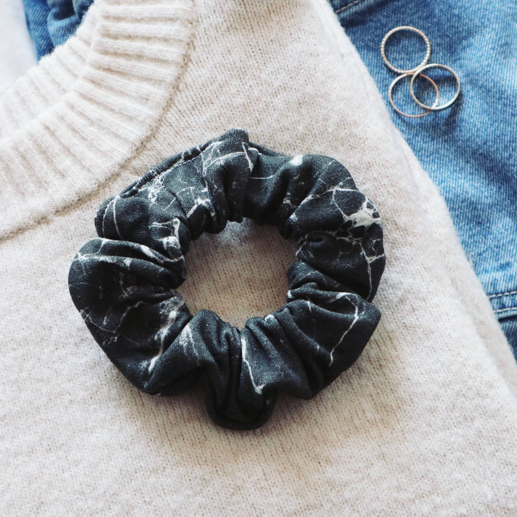 Organic Cotton Hair Scrunchie - Black Marble – Sunday Sparks Clothing Co.