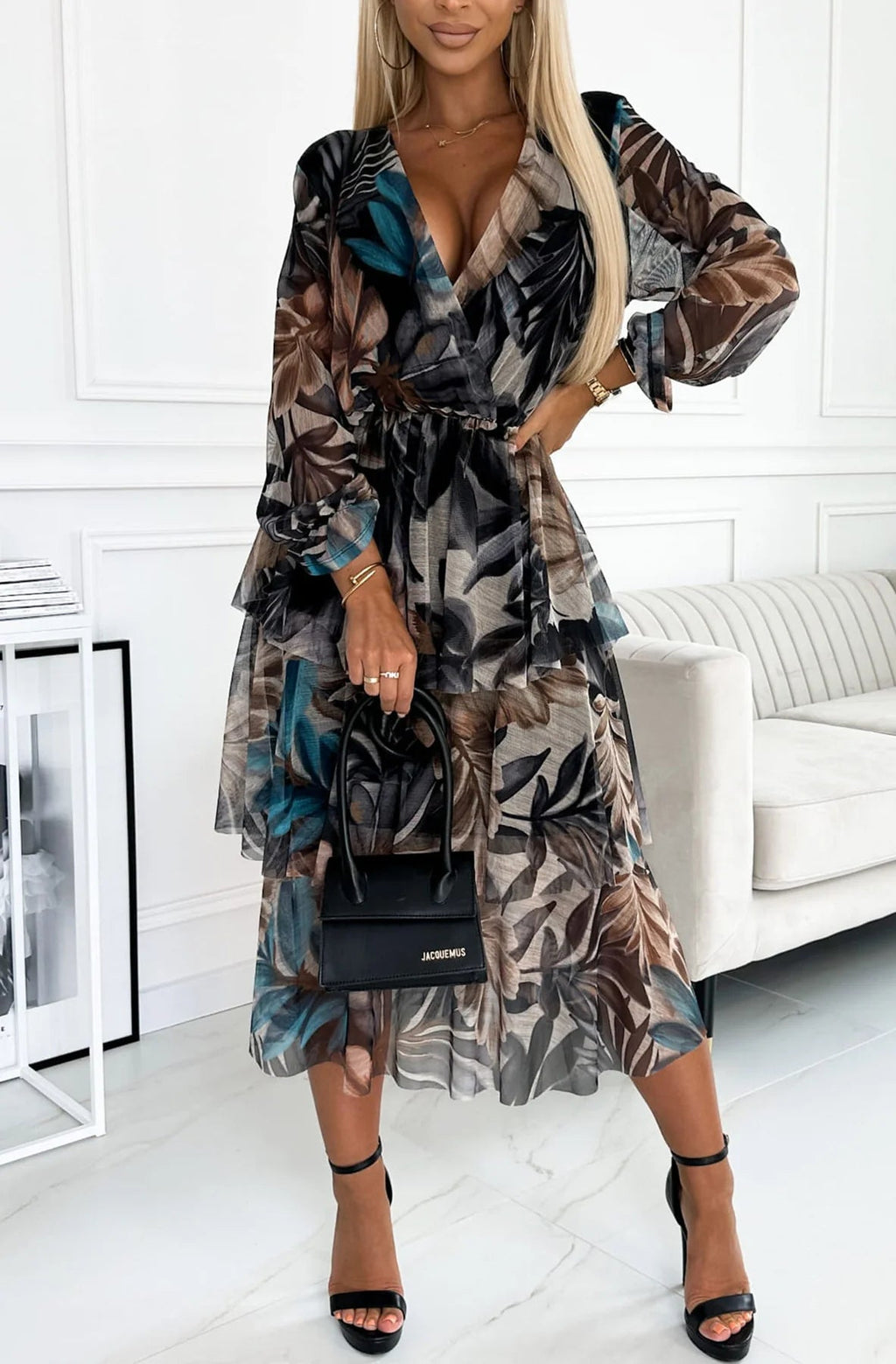 Bonita Frill Overlay Floral Midi Dress in Brown – Sunday Sparks ...